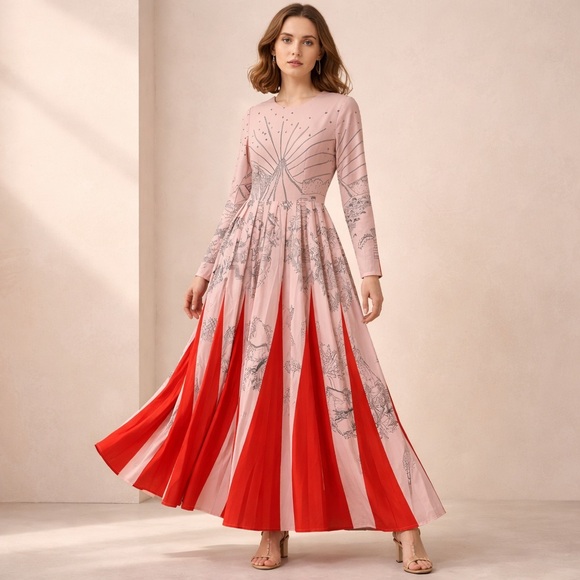 Dresses | Statement Art Print Pleated Maxi Dress Pink Red Graphic Long ...